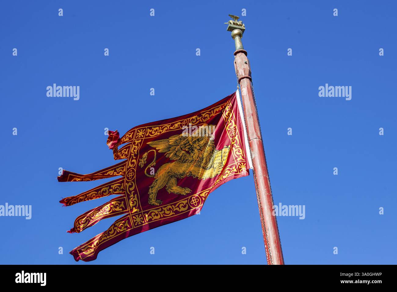 Lion of St Mark, flag of Venice waving in the wind, Venice, Italy ...