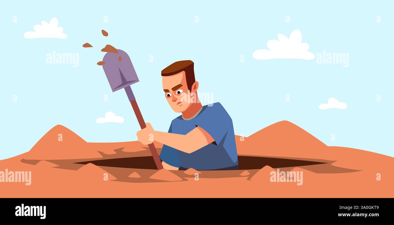 Man digs hole in ground. Sad worker holding a shovel. Businessman ...