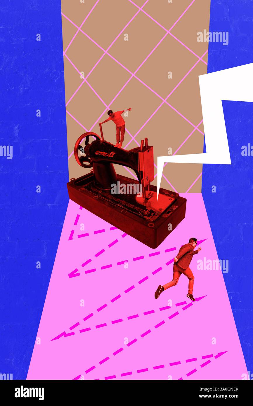 Vertical art trend collage of two fashion designer run sewing machine ...