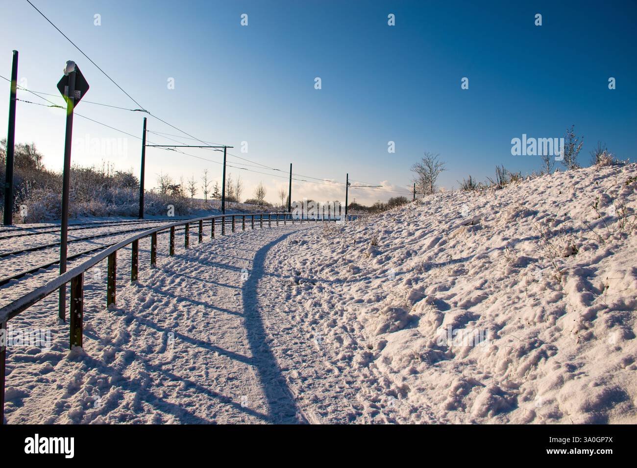 Landscape with snow and railway tracks after a heavy snowfall in ...