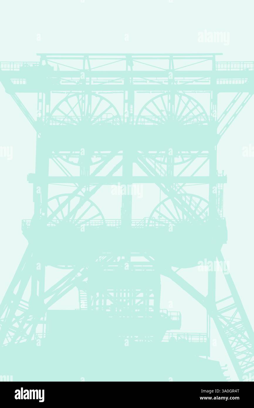 Coal mine headframe silhouette light green poster design. Industrial ...