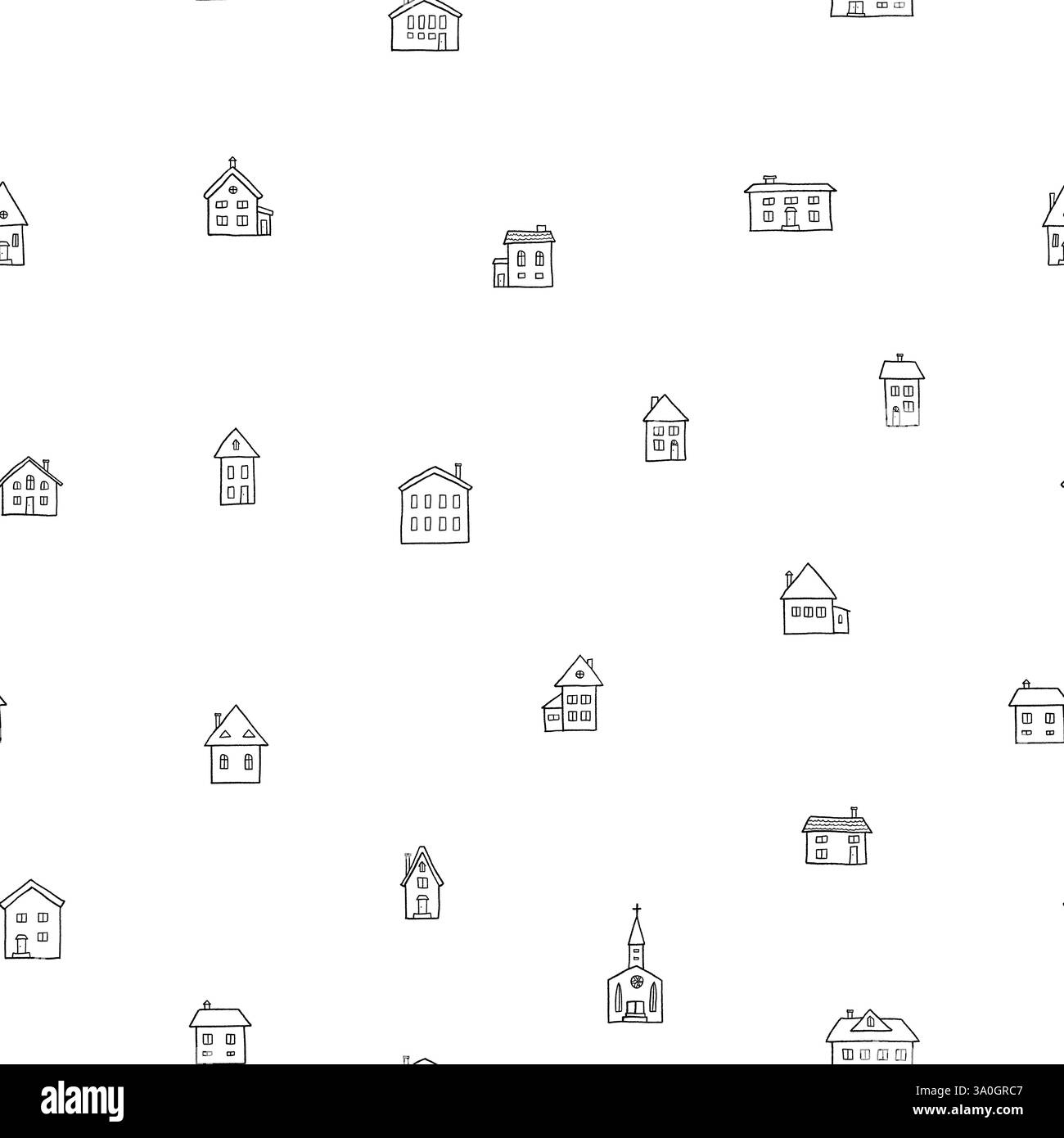 Hand drawn cartoon style home seamless pattern. Doodle black white ...