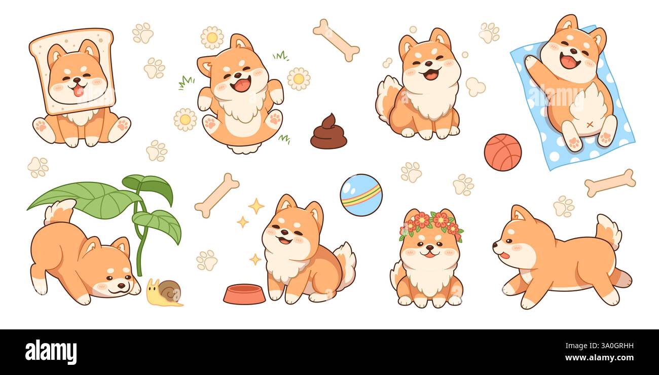 Cute shiba inu puppy characters. Kawaii fluffy dog, funny japanese ...