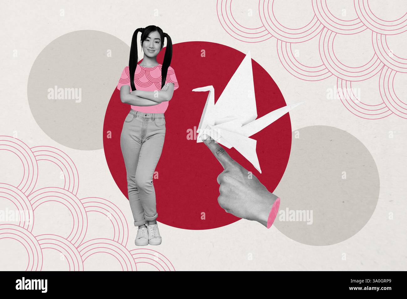 Composite photo collage design trend sketch of hand hold finger origami ...