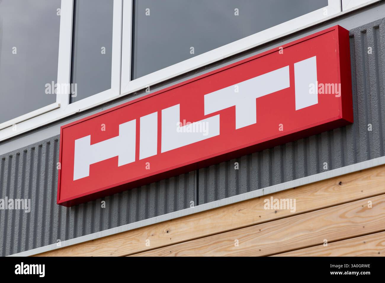 Hilti sign logo at a store. a Liechtenstein company for the products ...