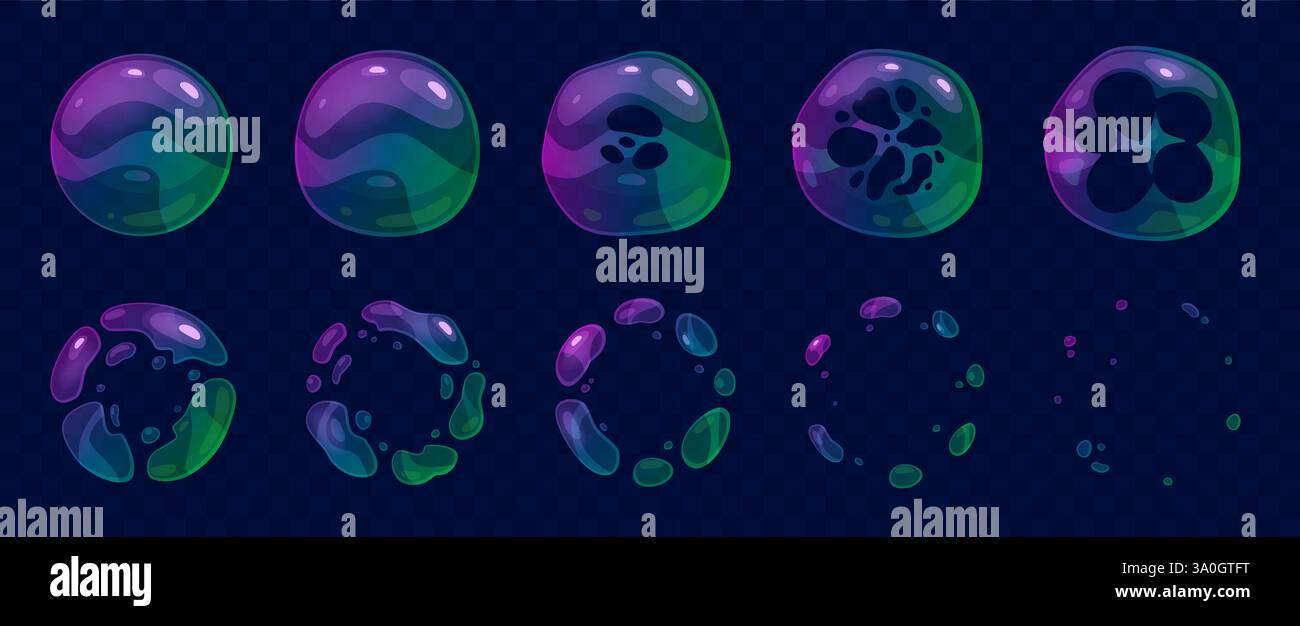Cartoon burst soap bubble animations. Frame by frame effect, air ...