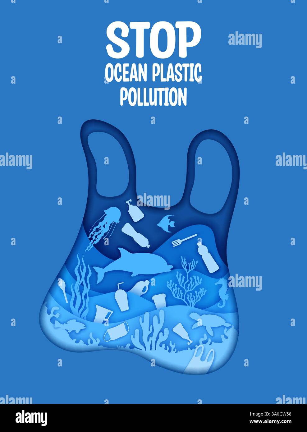 Paper cut plastic bag and waste at the sea, polluted water. Stop ocean ...