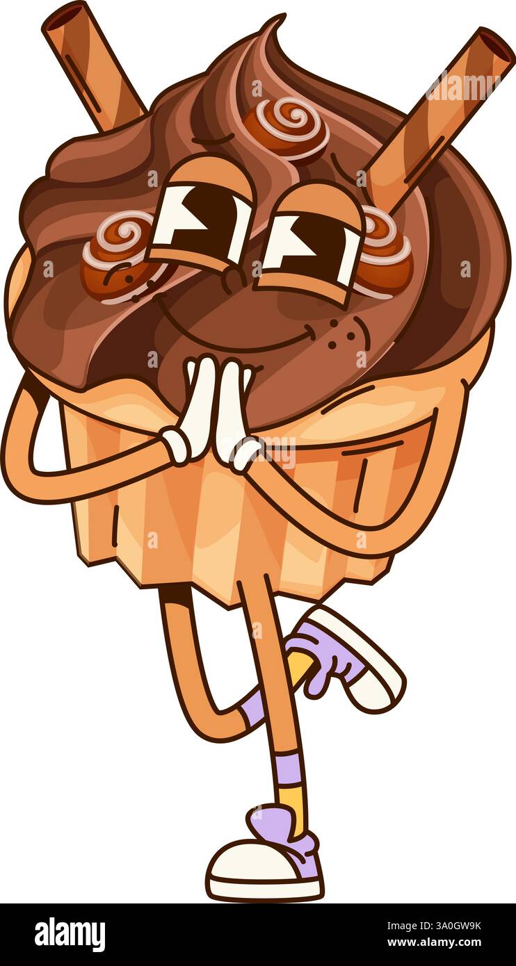 Funny groovy cake dessert character with swirled chocolate frosting and ...