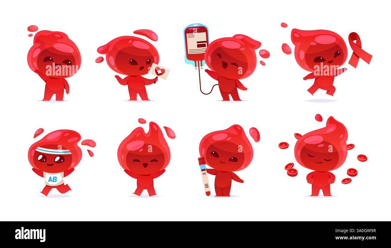 Cartoon blood drop. Cute red mascot, funny creation, donation smiling ...