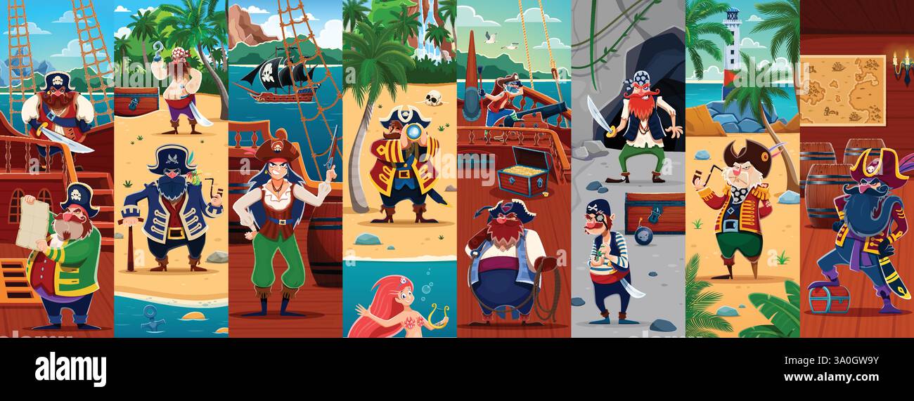 Cartoon funny pirate and corsair characters collage at ship and treasure island vector ...