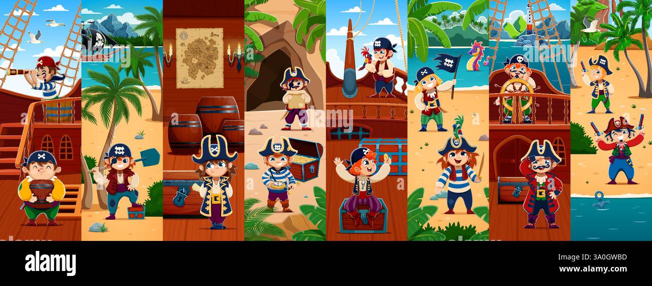 Cartoon kid pirates and corsair characters collage for Caribbean ...