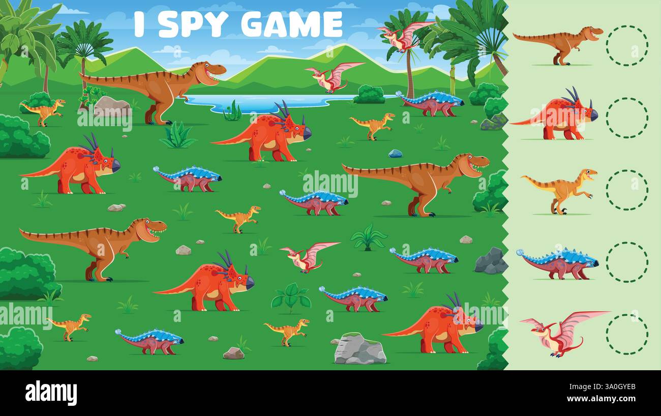 Prehistoric dinosaurs, kids I spy game worksheet. Vector puzzle quiz ...