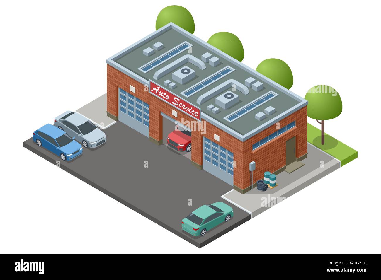 Isometric vector illustration of a brick auto service building with ...