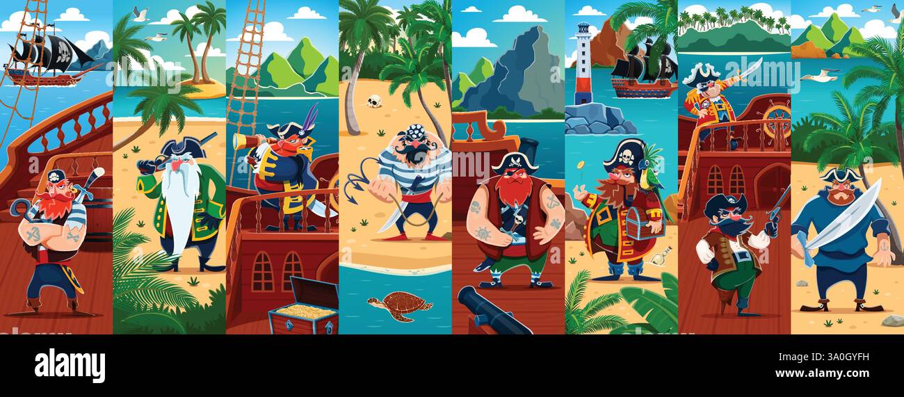 Cartoon pirate and corsair characters collage. Adventurous filibuster personages with swords ...