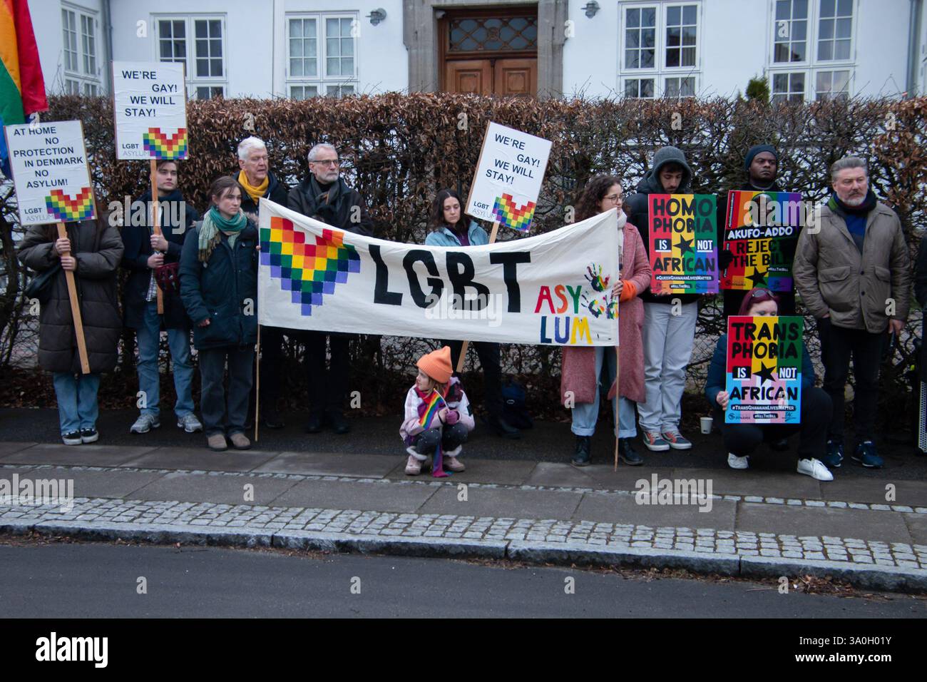 Hellerup, Denmark. 06th Mar, 2024. Protesters at the embassy hold a ...