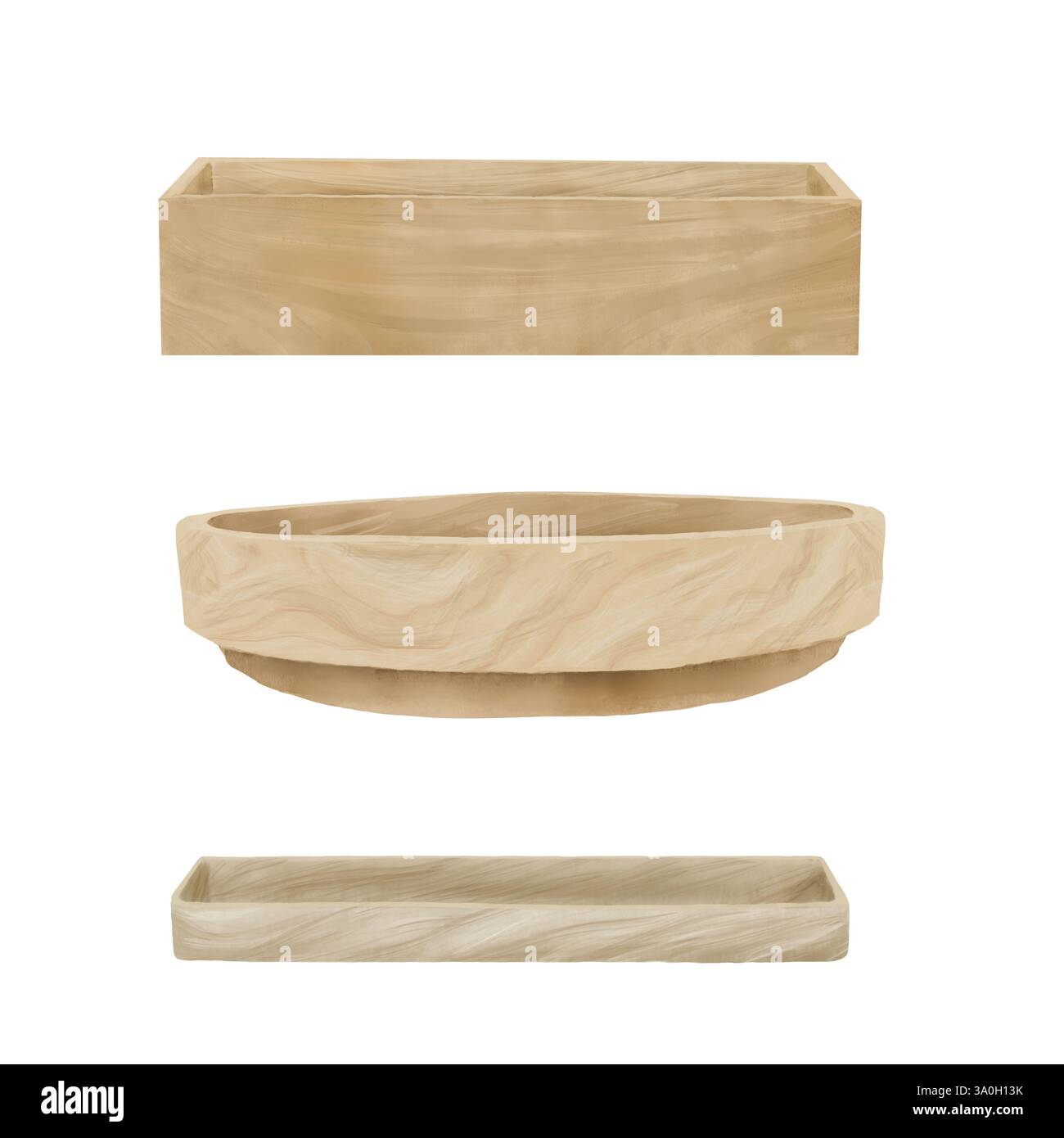 Set of wooden trays and boxes, round bowl made of wood. Watercolor ...