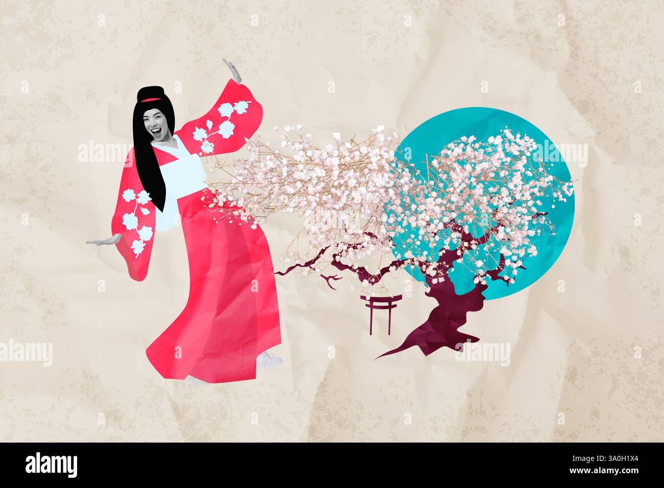 Template collage design trend artwork 3D sketch of nature asia cultural ...