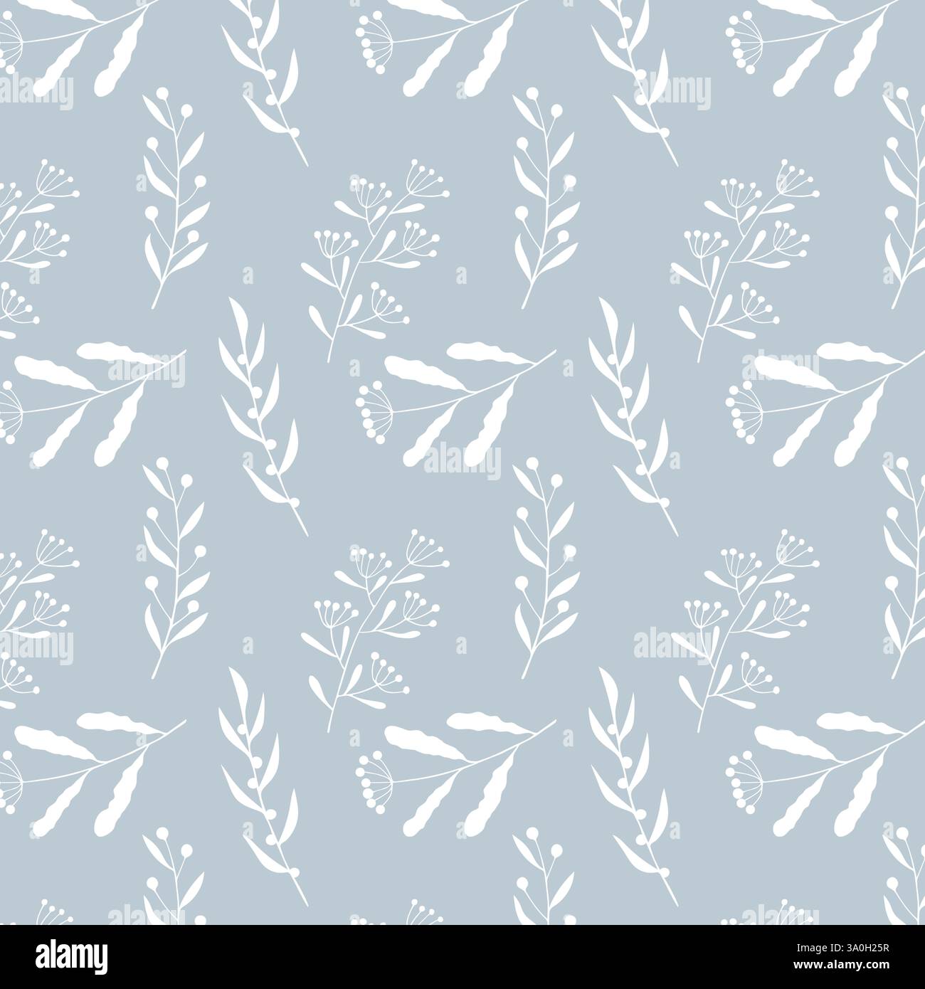 Herbal botanical pattern with doodle stylized twigs white color on blue ...
