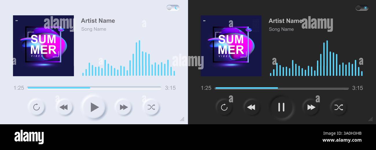 Modern music player interface. Minimalistic neumorphic design. Light and dark version. Day and ...
