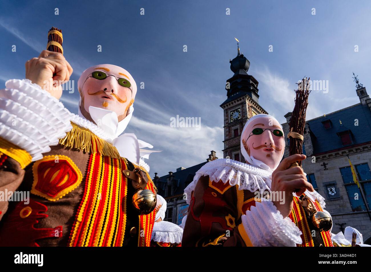 Gilles with masks pictured during the carnival in the streets of Binche ...