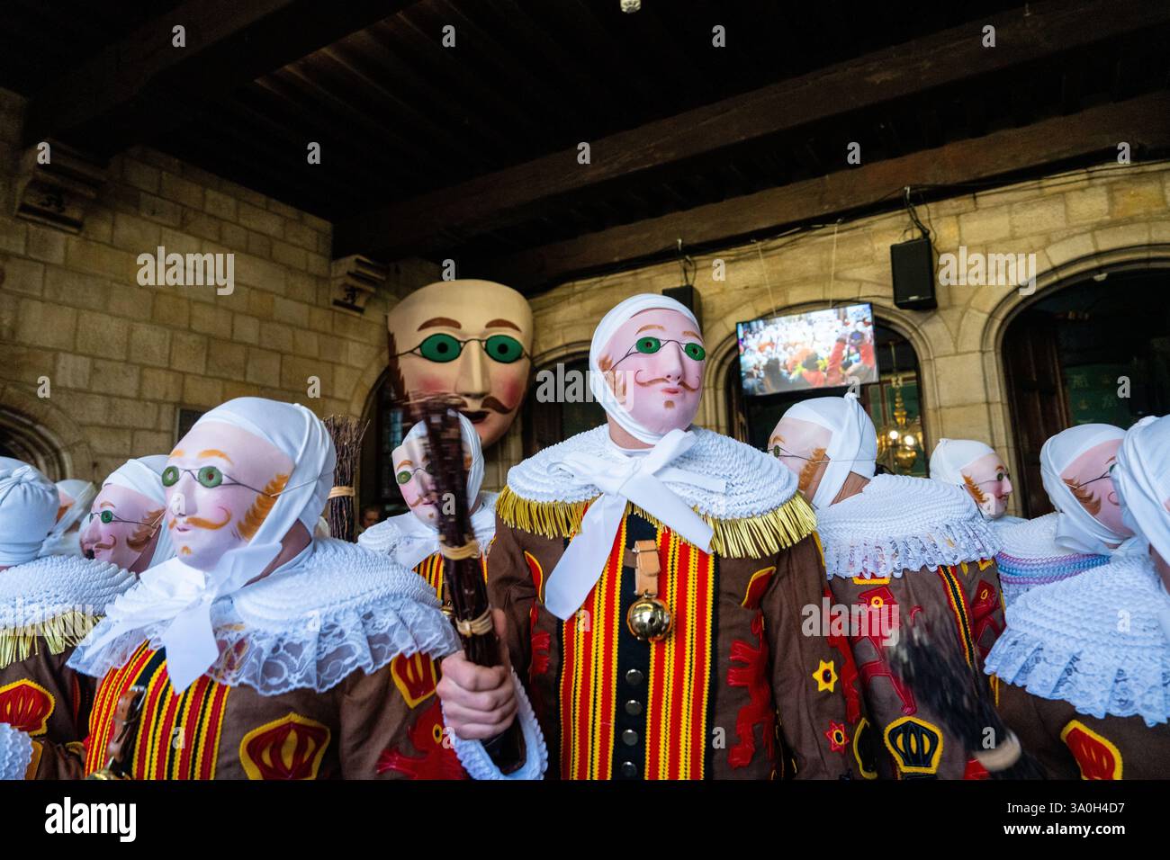 Gilles with masks pictured during the carnival in the streets of Binche ...