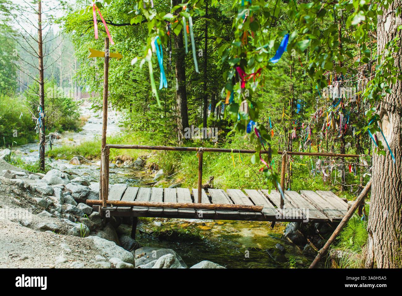 This photo showcases a rustic wooden footbridge crossing a small, clear ...