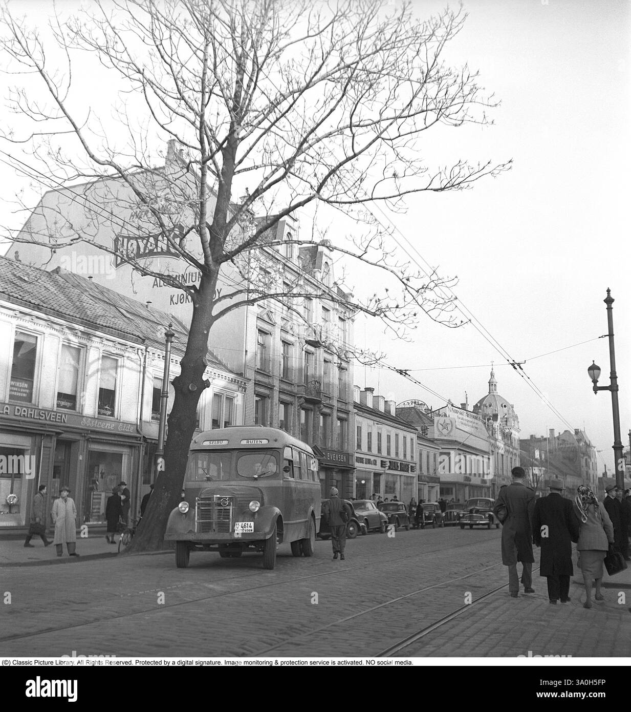 Trondheim Norway 1949. A busy street in the city with people walking ...