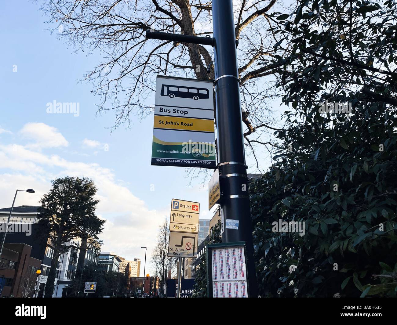 London, UK - March 02, 2025: Street St John's road bus stop with clear ...