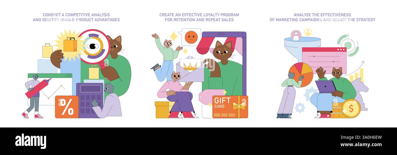 This vector illustration showcases key strategies in product marketing ...