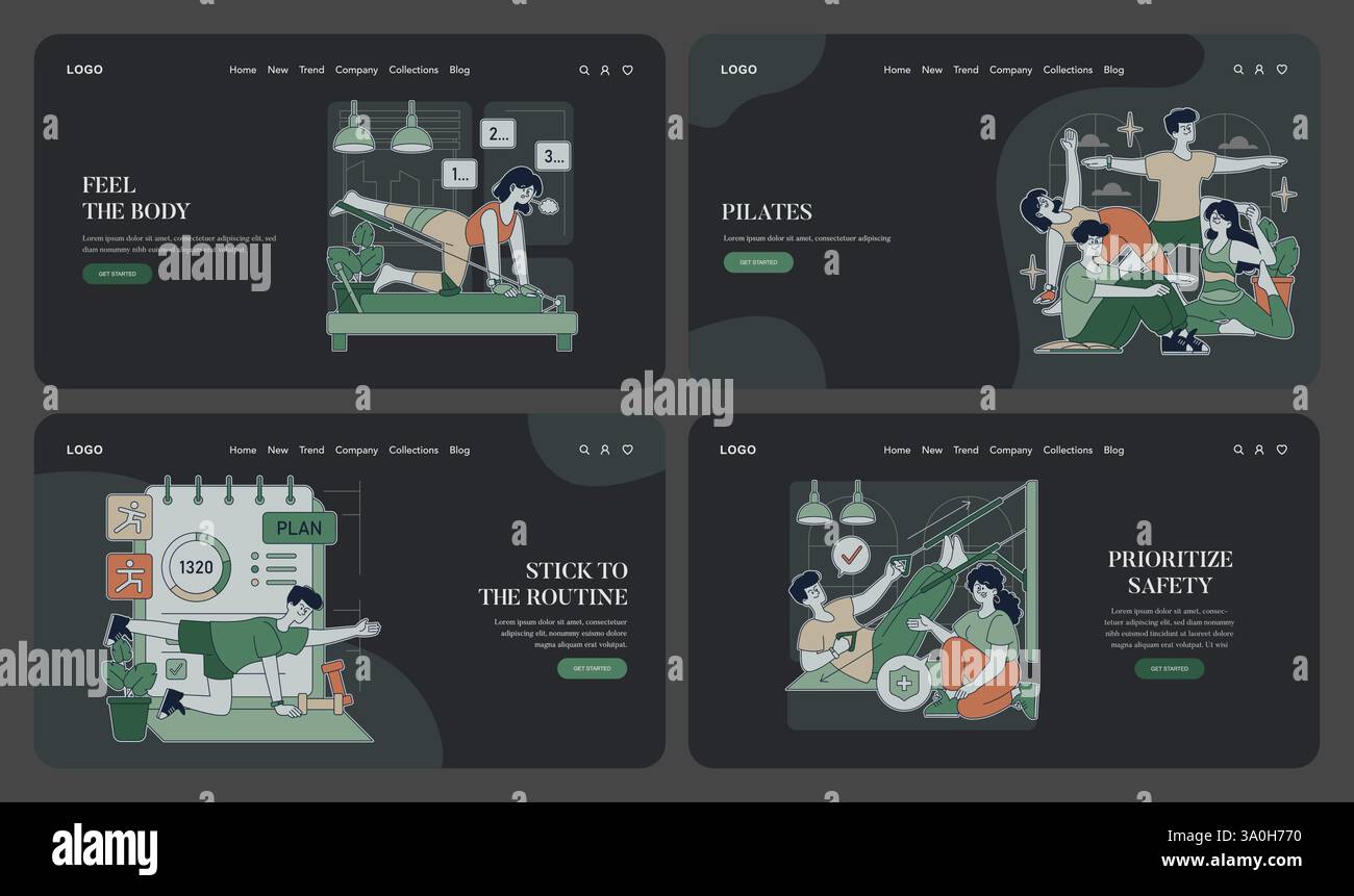 Pilates illustration set focusing on fitness routines and personal well ...