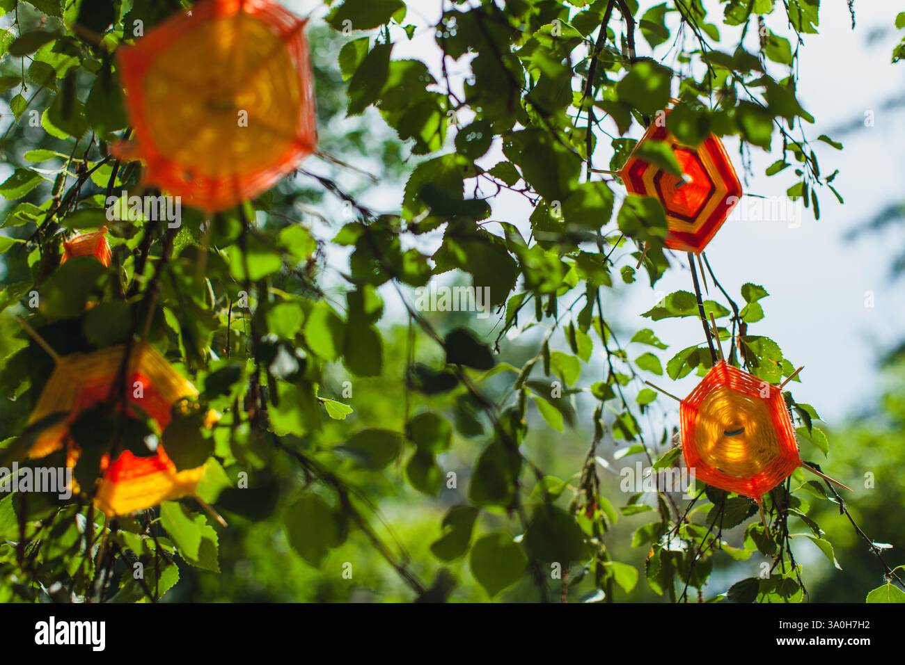 This image showcases vibrant, handwoven hexagonal decorations hanging ...