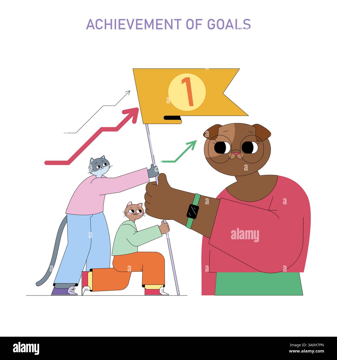 Achievement of goals concept. Illustrates a diverse group of cartoon ...