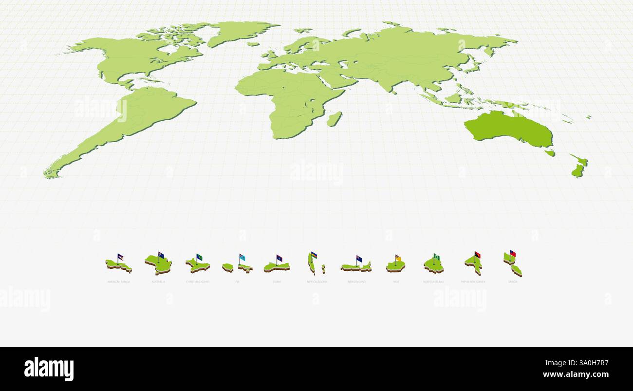 Oceanian Maps and Flags in Isometric Style. Isometric Maps Collection ...