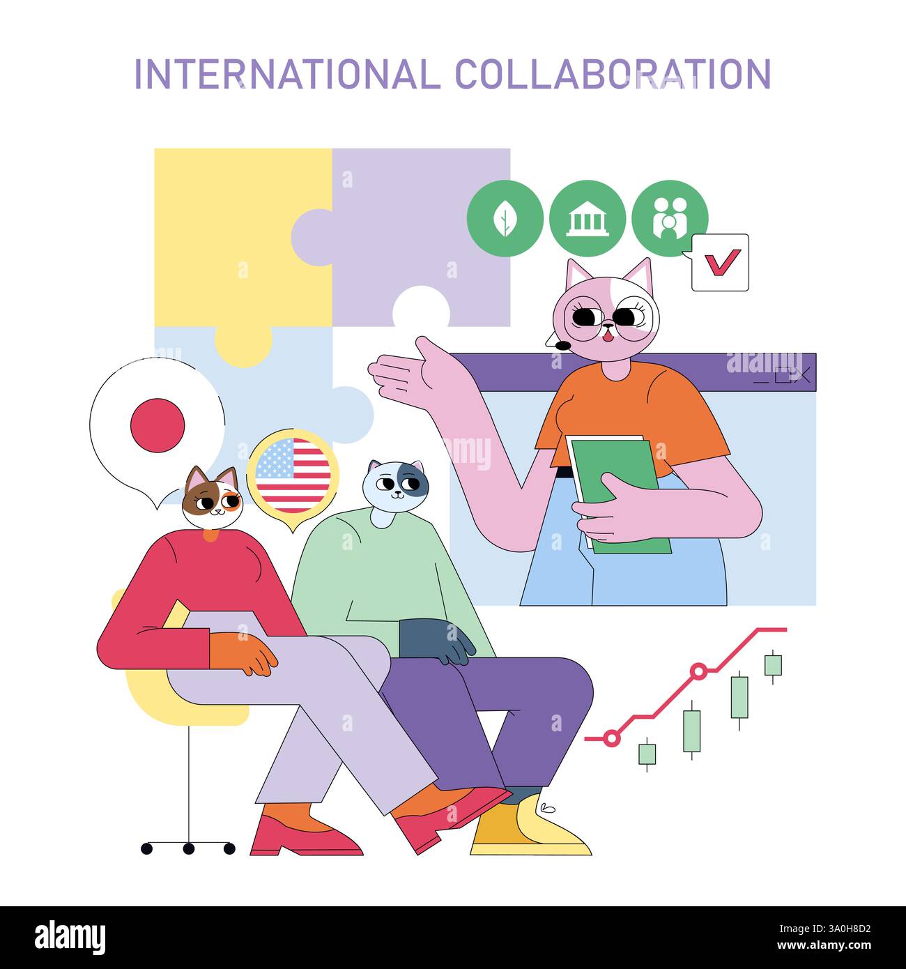 International collaboration concept. Diverse characters engage in ...