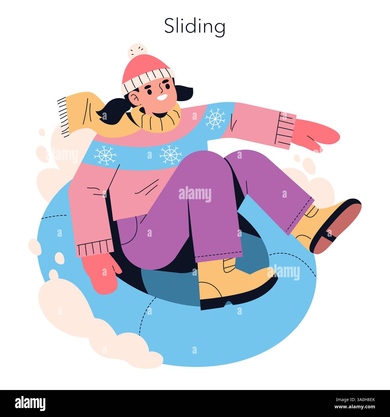 Winter vacation fun depicted with a joyful child sliding down a snowy ...