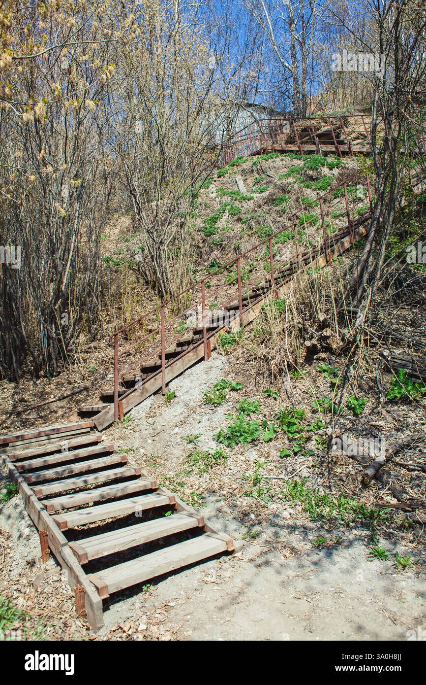 A steep hillside with a wooden staircase leading up the slope ...