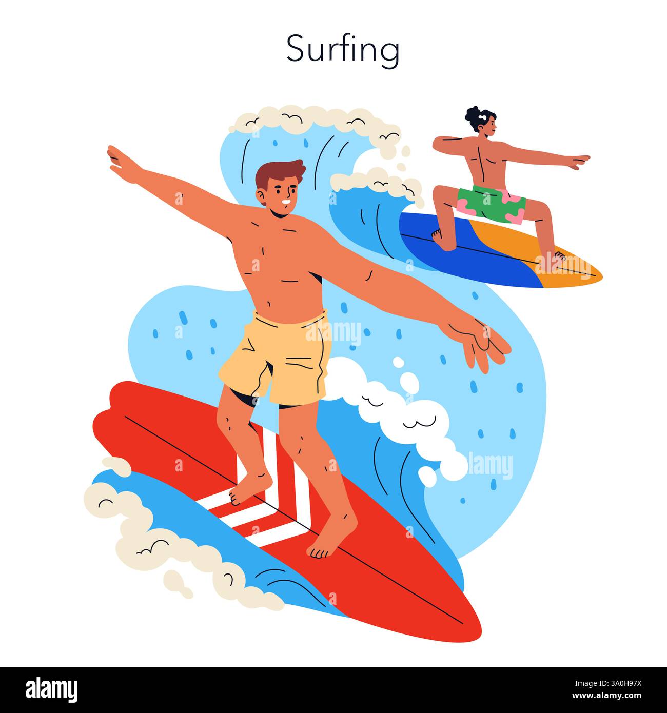 Surfing scene illustrating two surfers enjoying a sunny day on the ...