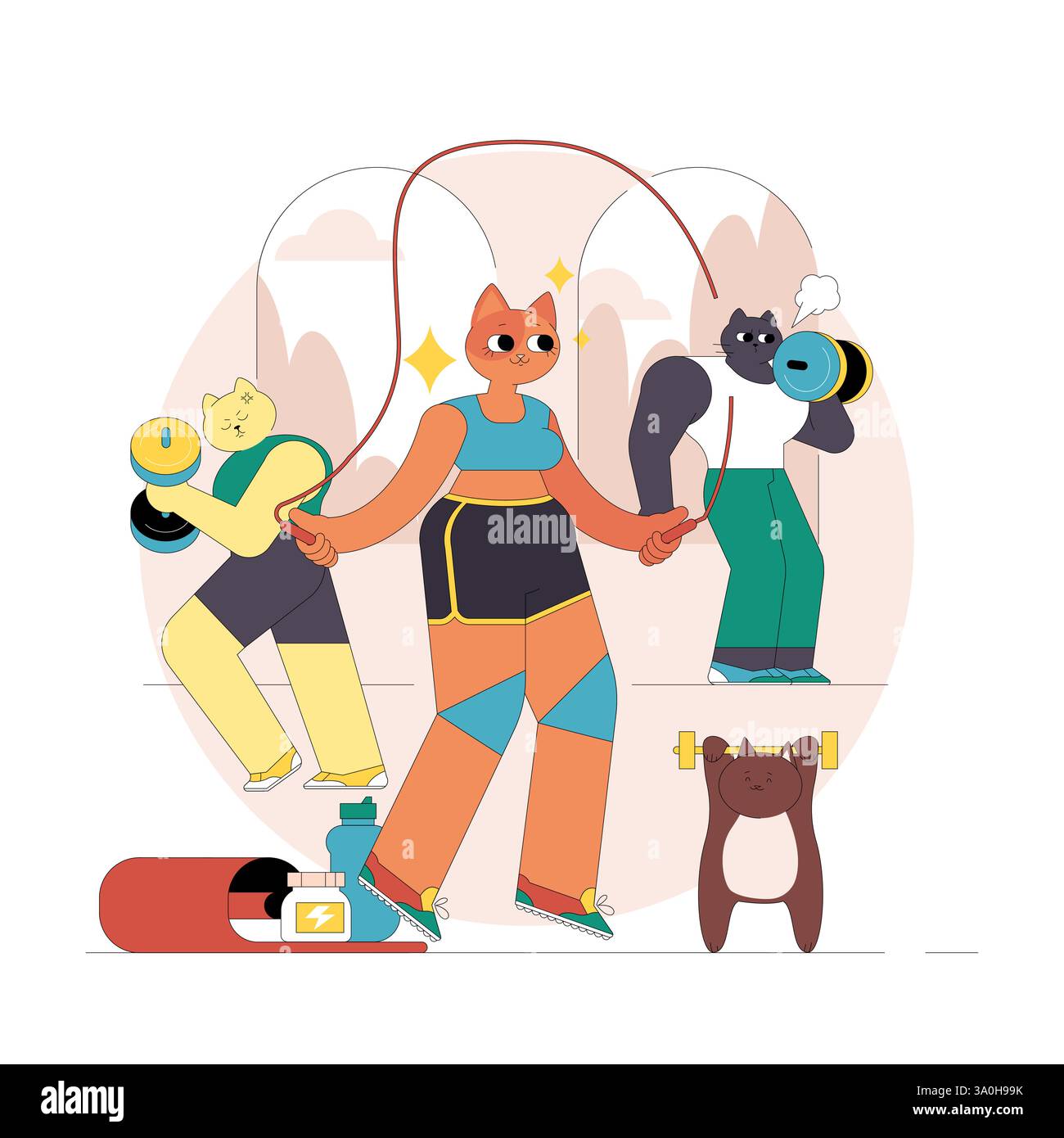 Fitness concept with playful characters engaged in various exercises ...