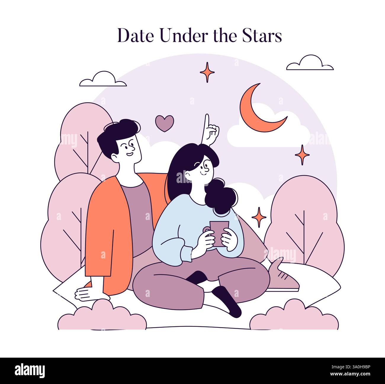 First Love illustration. A romantic scene captures a couple sitting ...