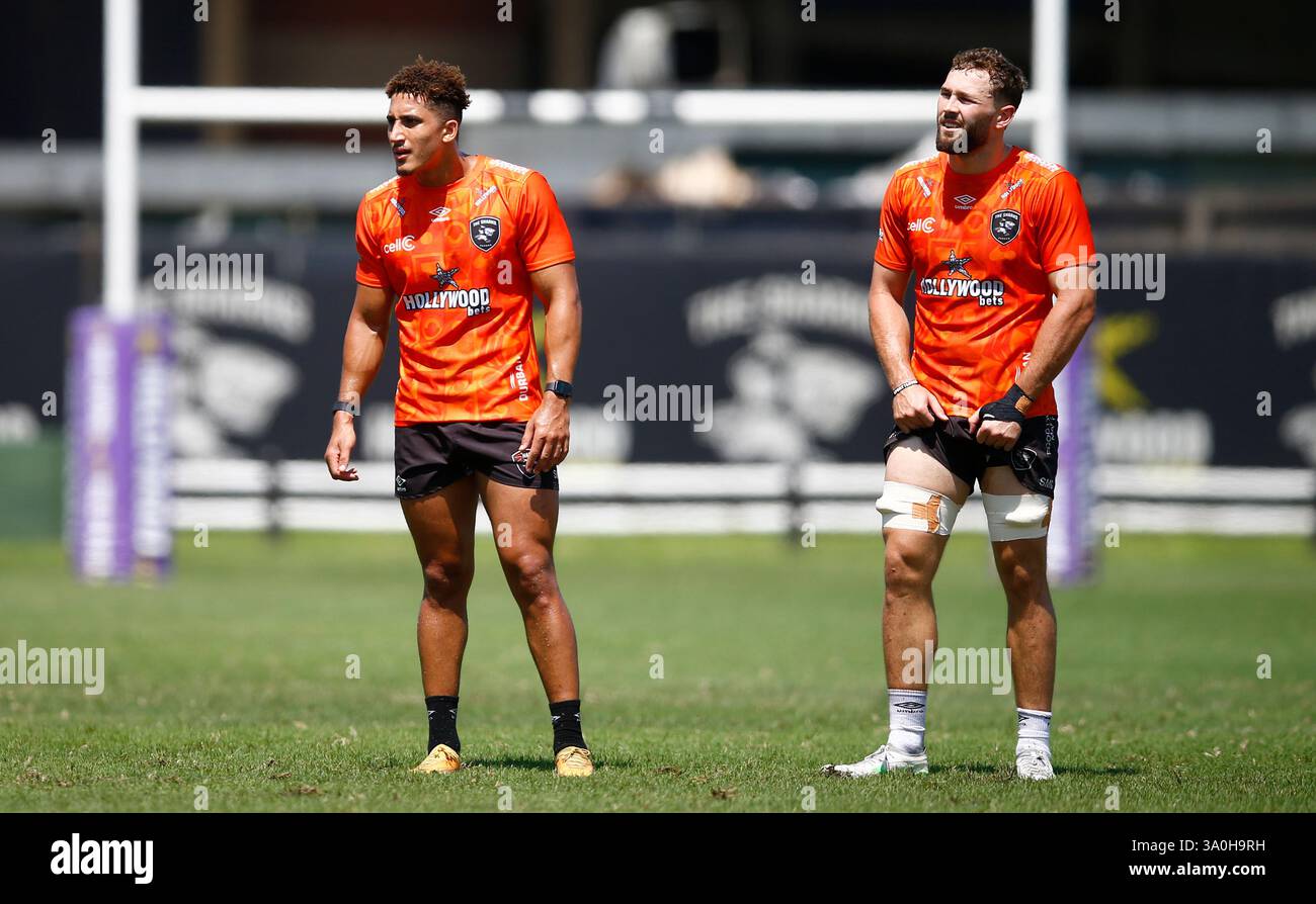 Jordan Hendrikse of the Hollywoodbets Sharks and Nick Hatton of the ...
