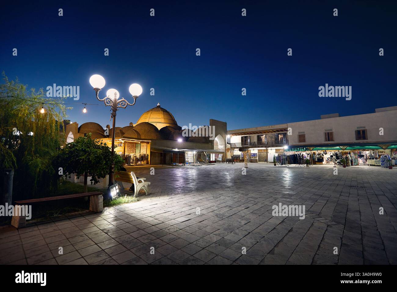 View of old market bazaar square with souvenir shop and backlight at ...