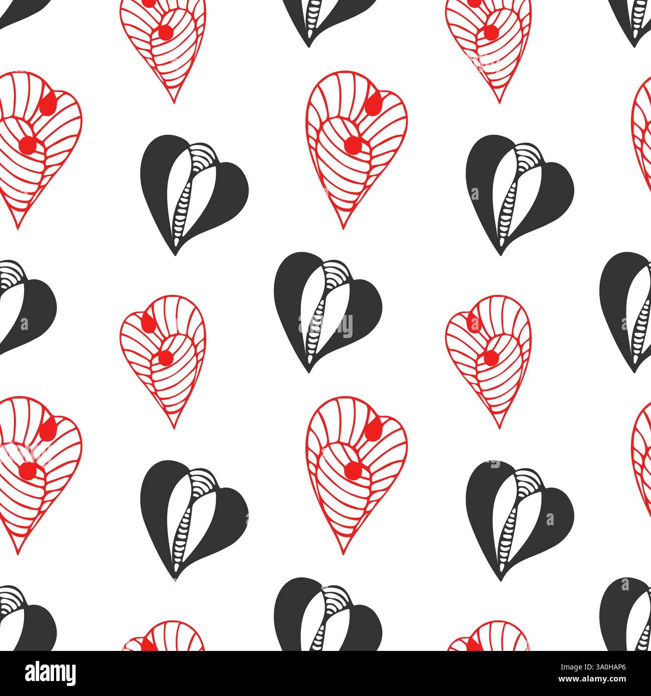 Black and Red. Heart drawing, stylized contour hand-drawn hearts on ...