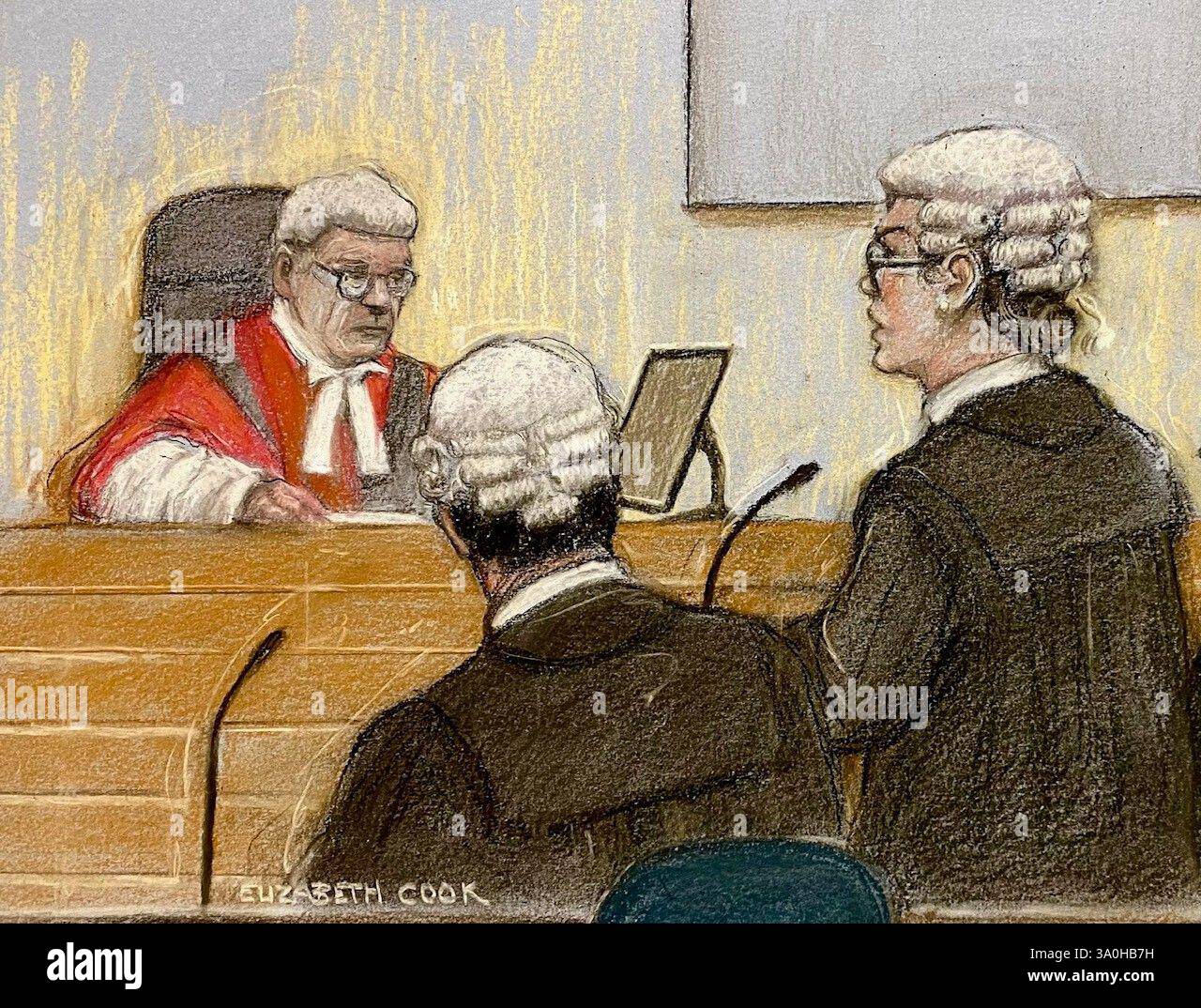 Court artist sketch by Elizabeth Cook of Alison Morgan KC, opening the ...