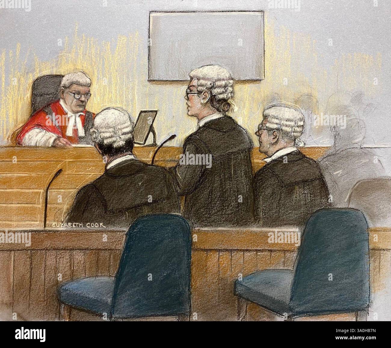 Court artist sketch by Elizabeth Cook of empty chairs in the dock as ...
