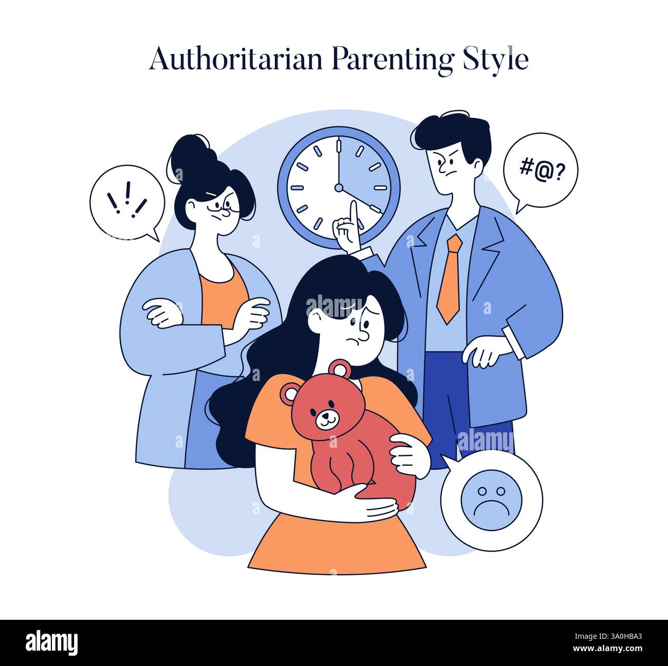 Authoritarian parenting style focuses on strict control and high expectations. The illustration ...