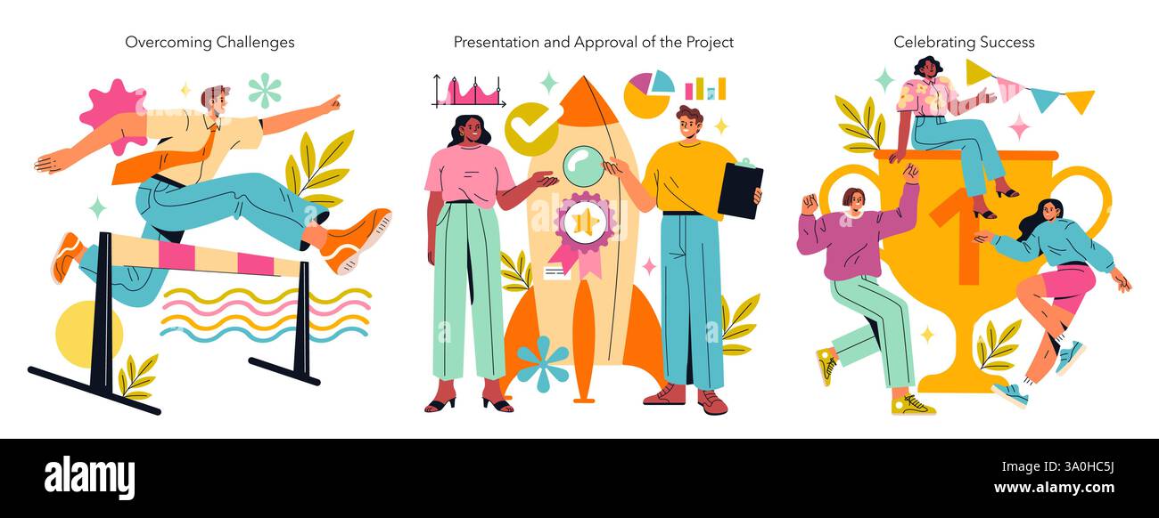 Workflow process illustration featuring key stages such as overcoming ...