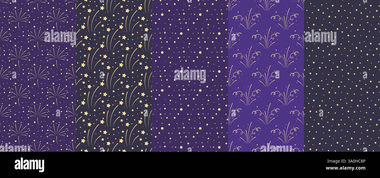 Set of seamless patterns with fireworks, stars and confetti. Festive ...