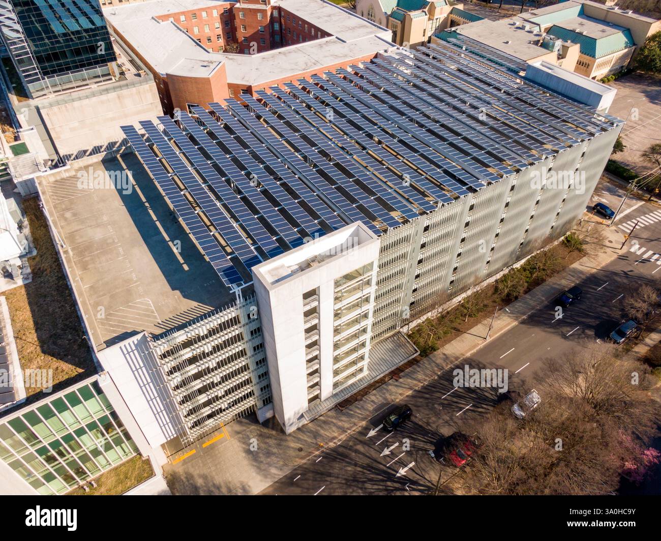 Sunny Daytime Drone Images Of Solar Panels On A Parking Deck In ...
