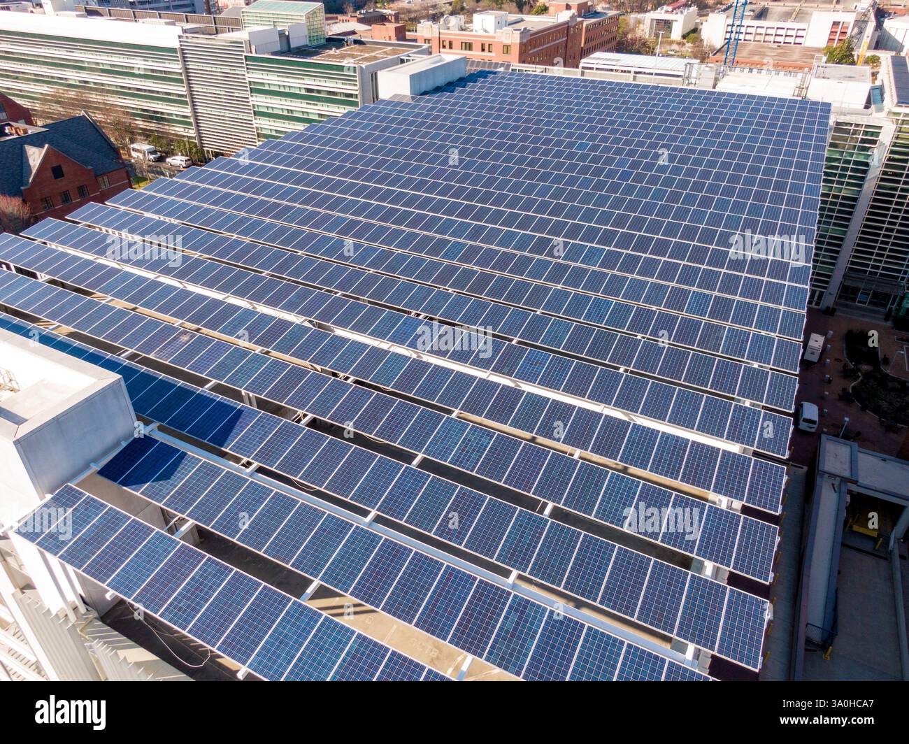 Sunny Daytime Drone Images Of Solar Panels On A Parking Deck In ...