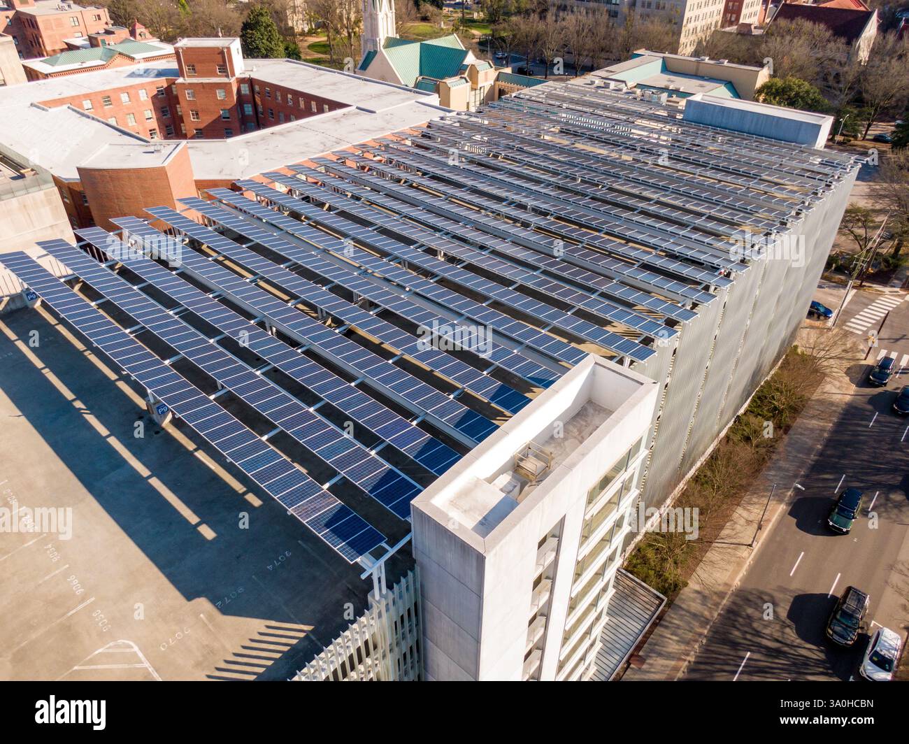 Sunny Daytime Drone Images Of Solar Panels On A Parking Deck In ...